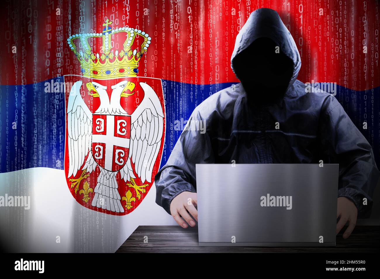 Anonymous Hooded Hacker Flag Of Serbia Binary Code Cyber Attack