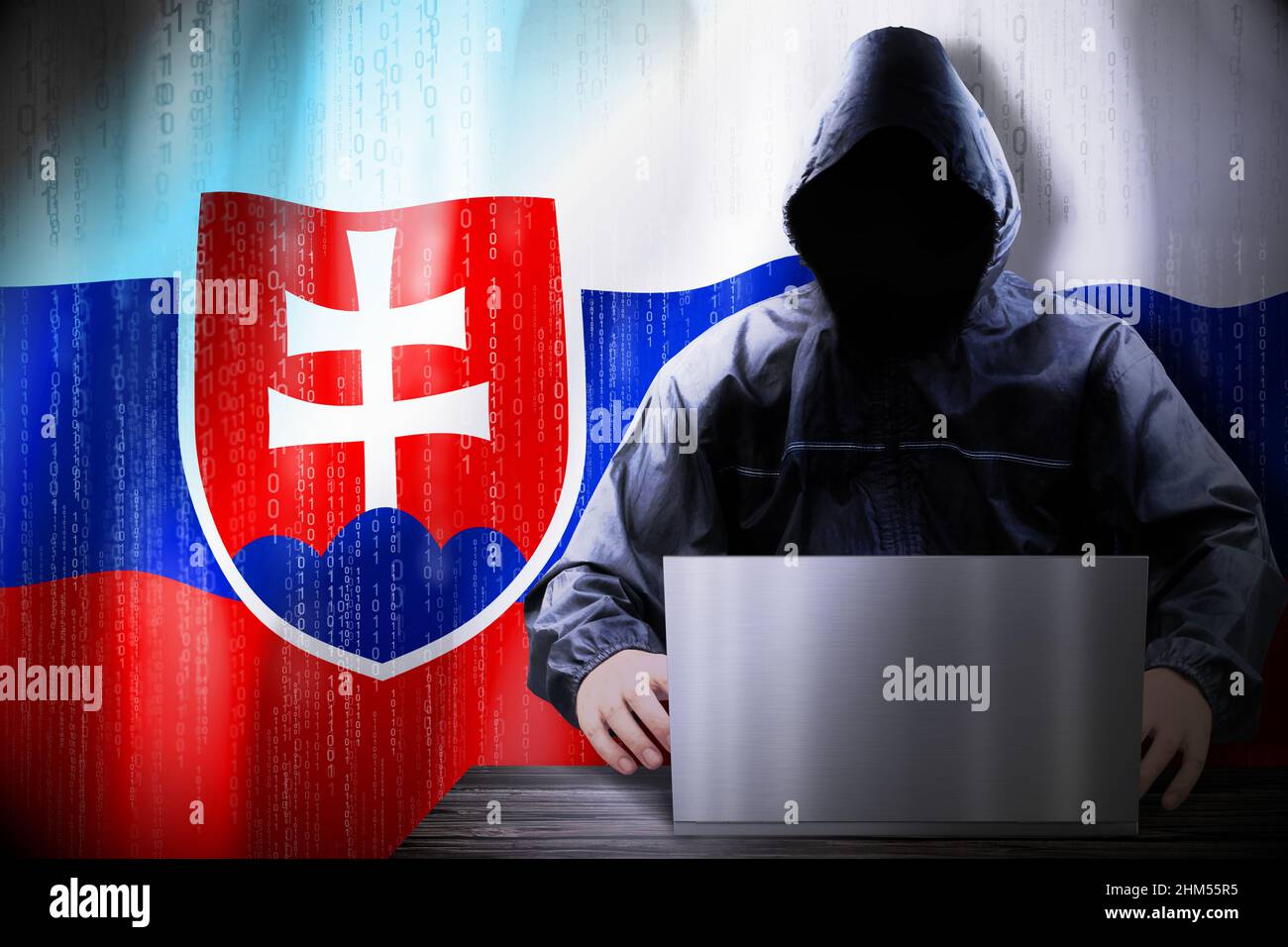 Anonymous hooded hacker, flag of Slovakia, binary code - cyber attack ...