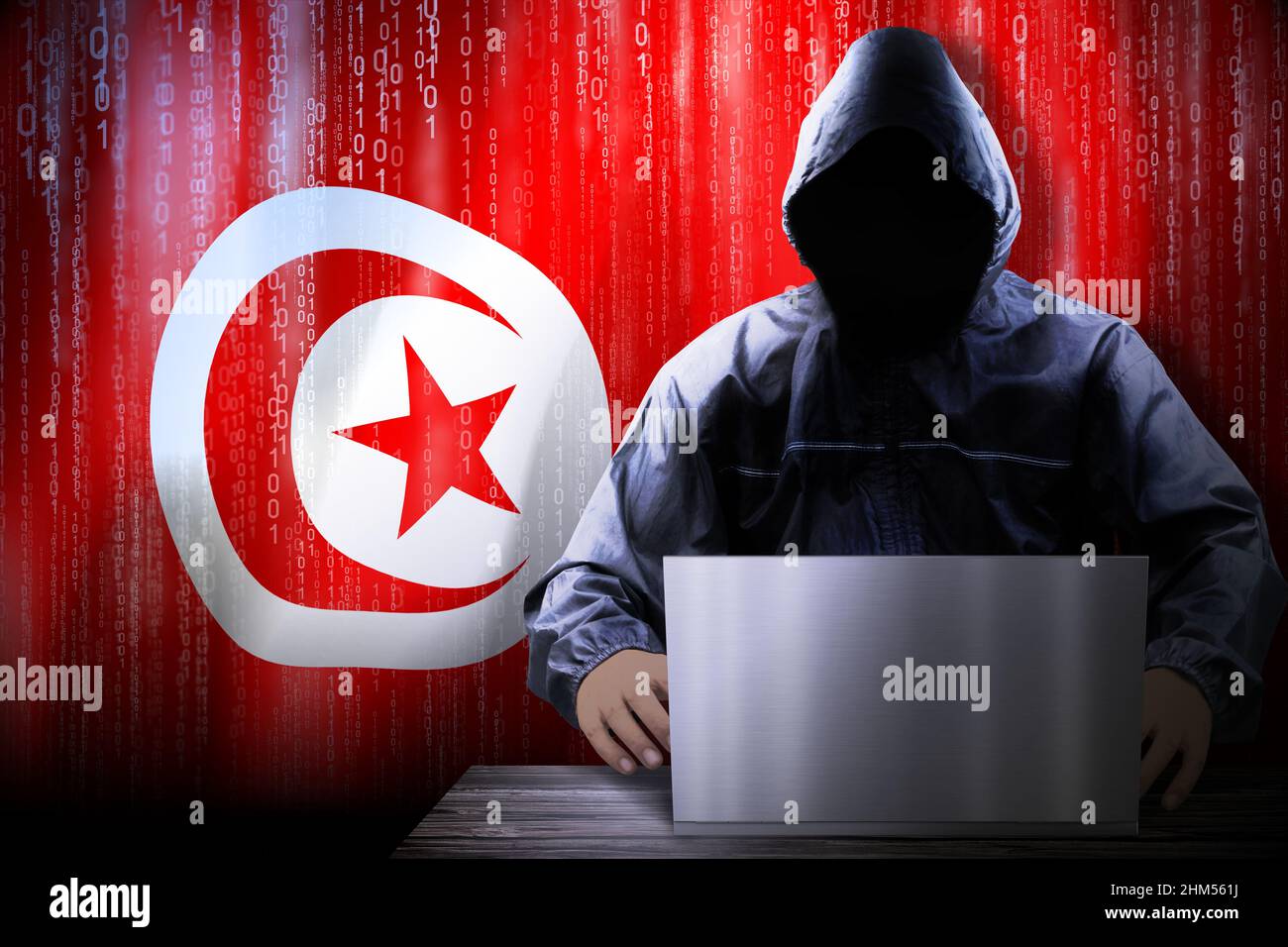 Anonymous hooded hacker, flag of Tunisia, binary code - cyber attack ...