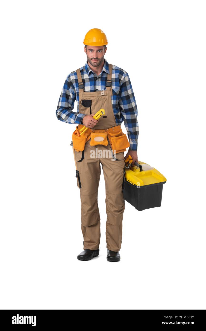 Handsome carpenter with tool box isolated on white background Stock ...