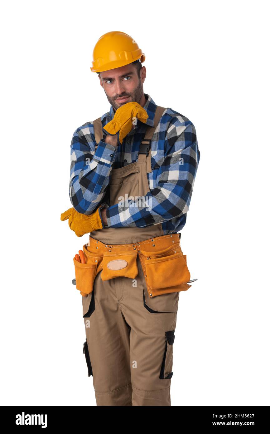 Construction worker carpenter thinking isolated on white background ...