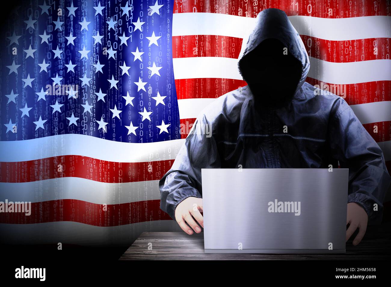 Anonymous hooded hacker, flag of United States of America, binary code ...
