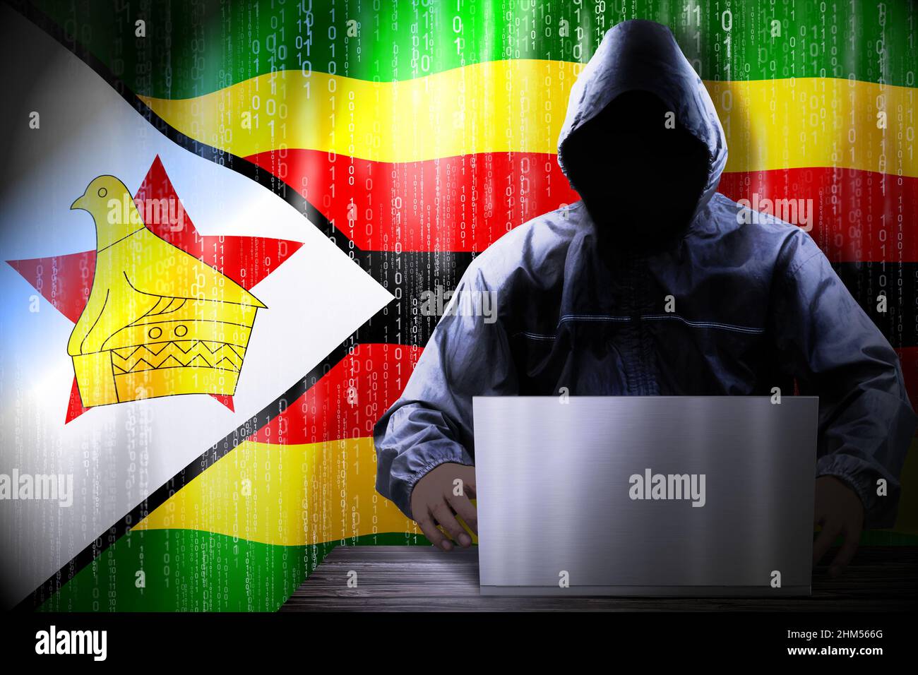 Anonymous hooded hacker, flag of Zimbabwe, binary code - cyber attack ...