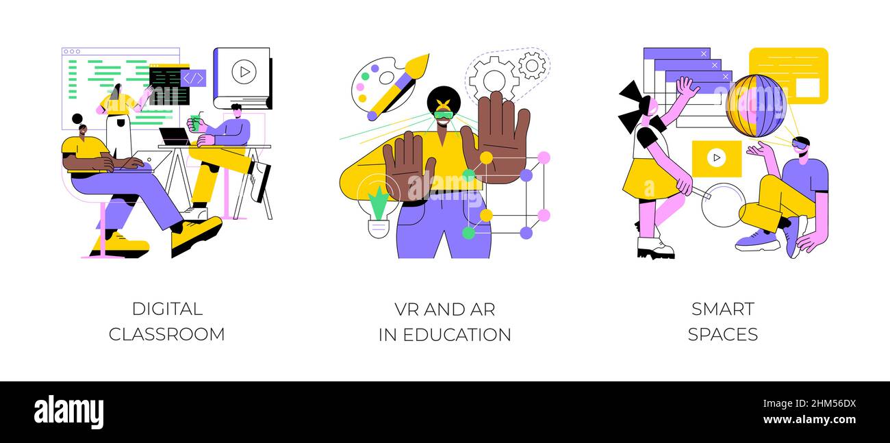 Interactive learning abstract concept vector illustration set. Digital classroom, VR and AR in ...