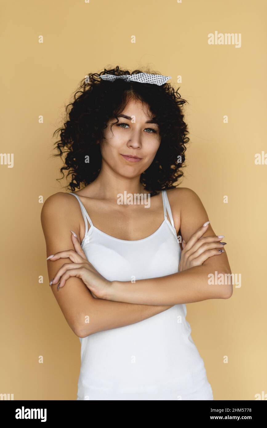 Portrait of satisfied young woman. Positive human emotion Stock Photo ...