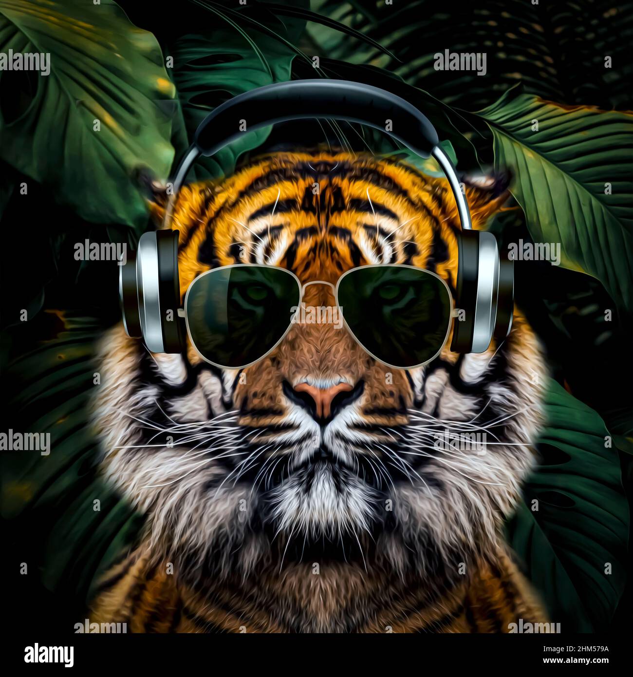 abstract colored tiger muzzle in eyeglasses and headphones isolated on ...