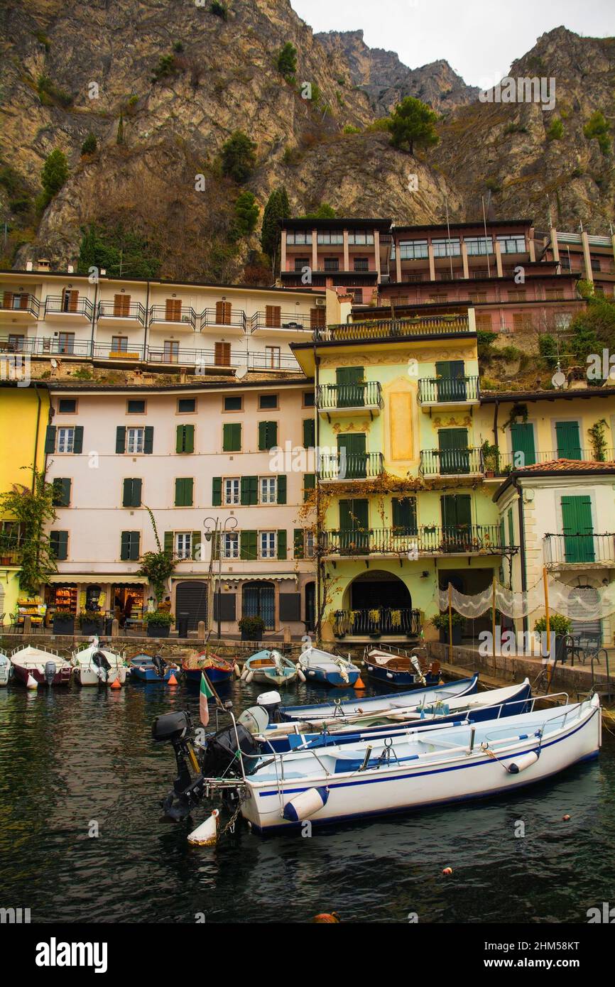 The waterfront of the Italian town of Limone sul Garda on the north ...