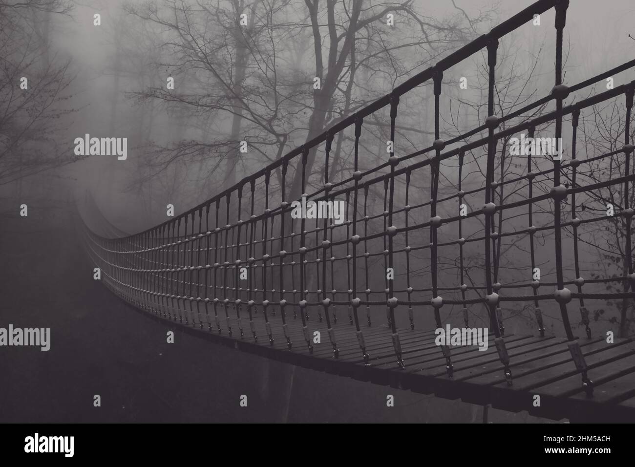 Rope bridge into fog hi-res stock photography and images - Alamy