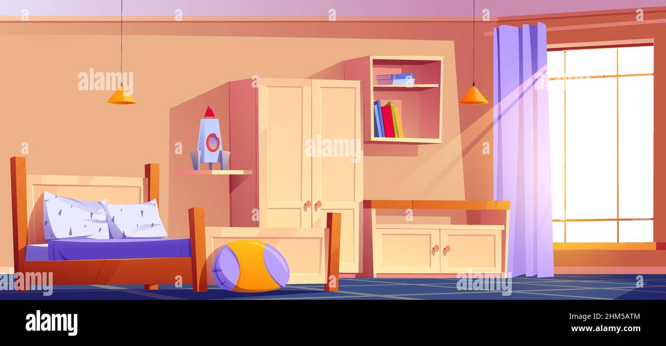 Kids bedroom, empty child room indoors interior with bed, pillow on rug ...