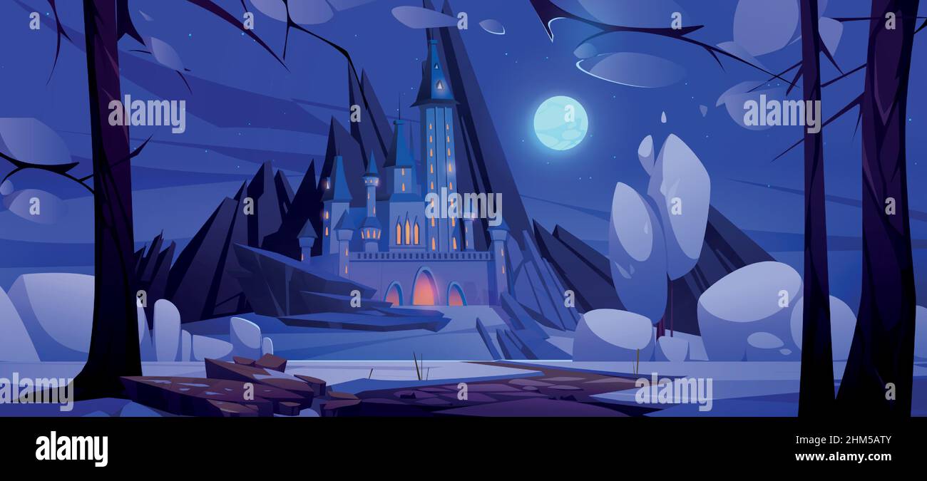 Road to magic castle at night, fairytale palace with turrets on ...