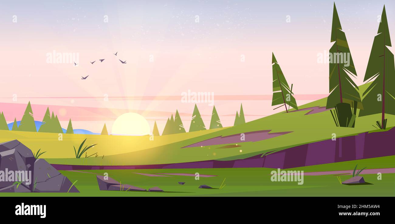 Early morning cartoon nature landscape with sun rising over green field ...