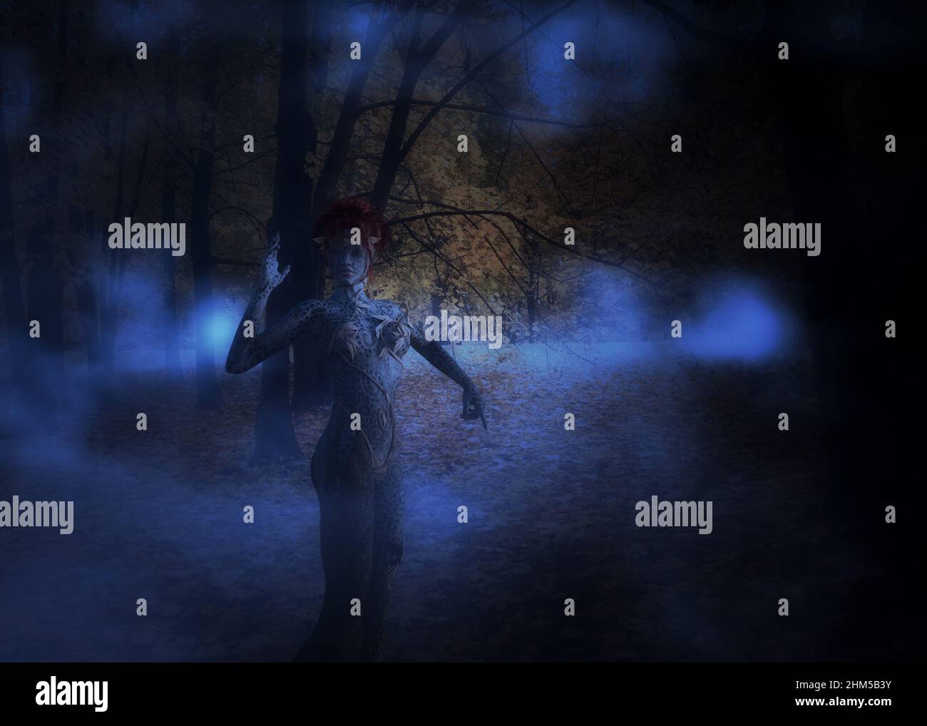 Fantasy dryad woman with tree trunk leg in night autumn forest, 3d ...