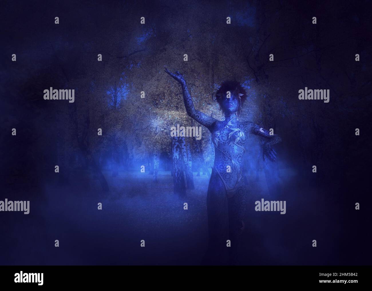 Fantasy dryad woman with tree trunk leg in night autumn forest, 3d ...