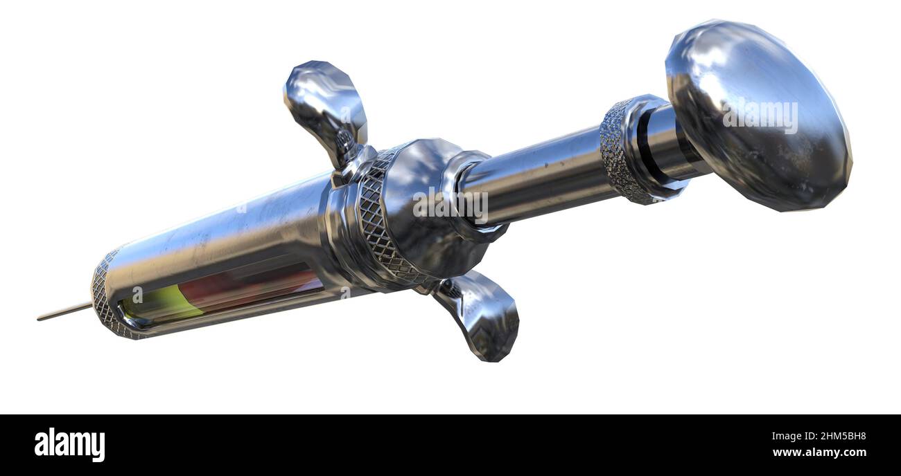 Old style metal medical syringe with liquid, 3D Illustration Stock ...