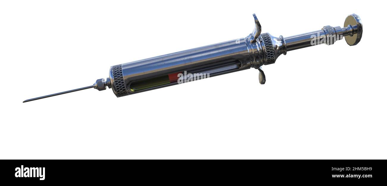 Old style metal medical syringe with liquid, 3D Illustration Stock ...