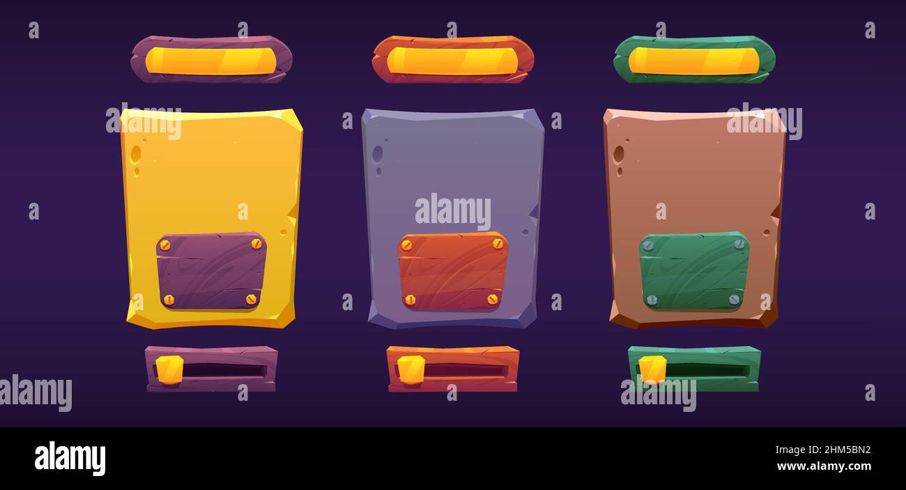 Wooden boards on gold, silver and bronze panels for ui game. Vector ...