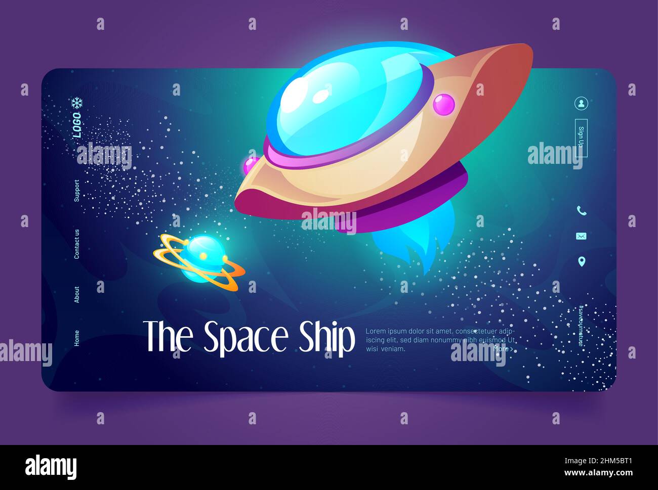 Space ship banner with shuttle and satellite in cosmos. Vector landing ...
