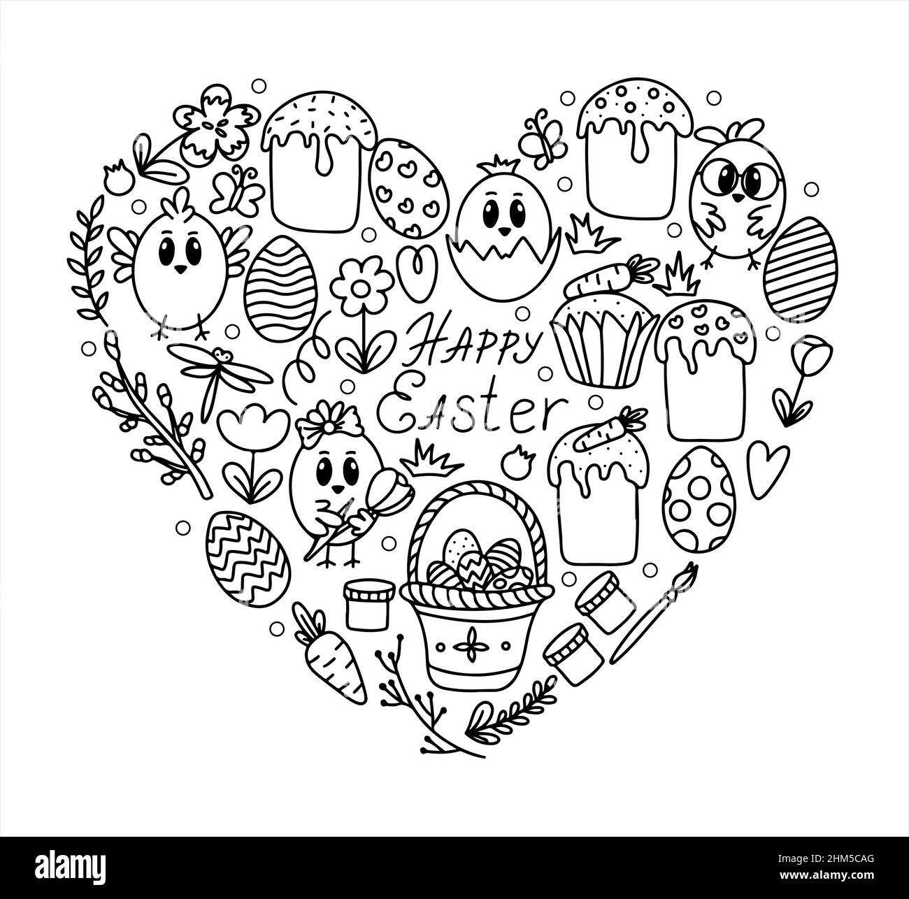 Easter traditional doodle collection - eggs, chickens, basket ...