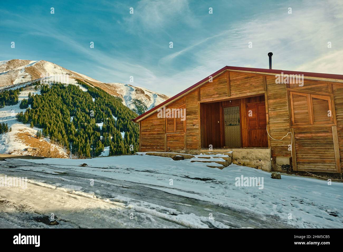 Wooden house, village house and winter season snow at road and huge ...