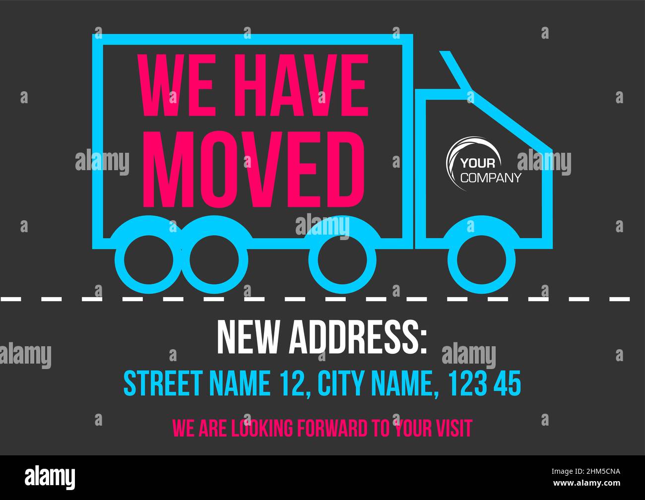 Warning vector sign we have moved to new address. Blue and red text on ...