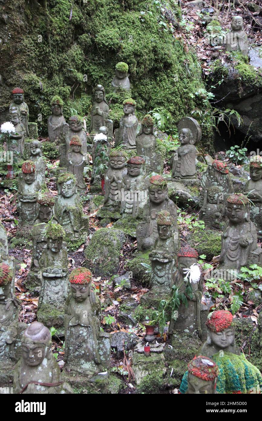 statues of buddhist (?) divinities and jizo at tachikue (japan Stock ...
