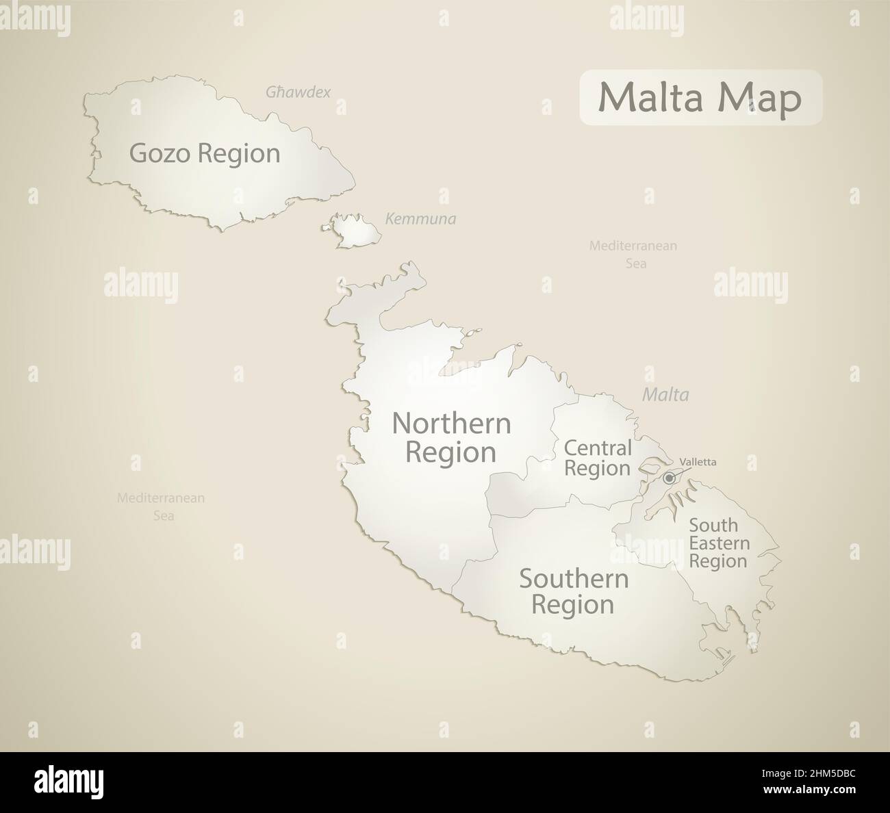 Malta map, Current regions with names, old paper background vector ...