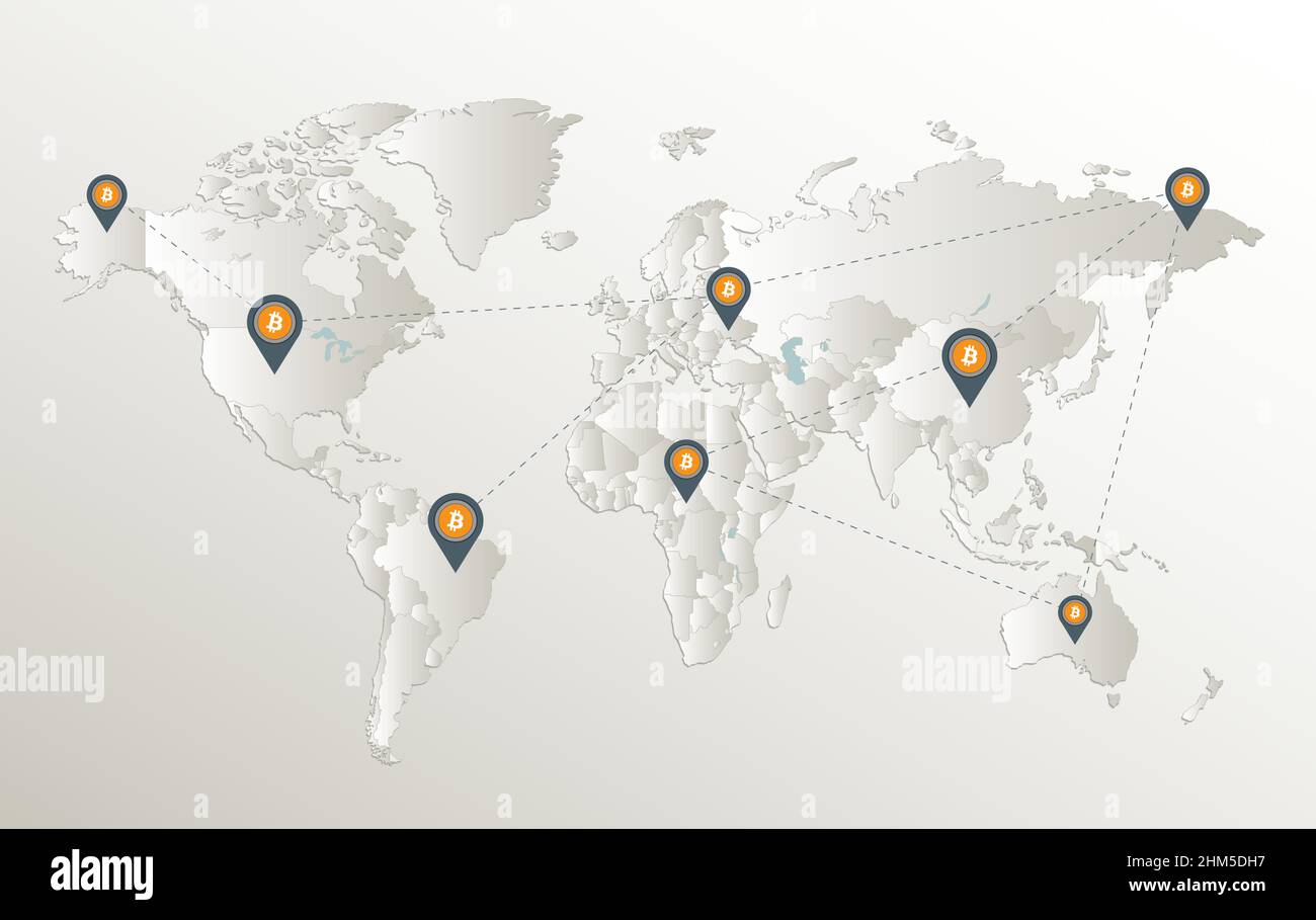 World map, bitcoin network and location pointer, separates states, card ...