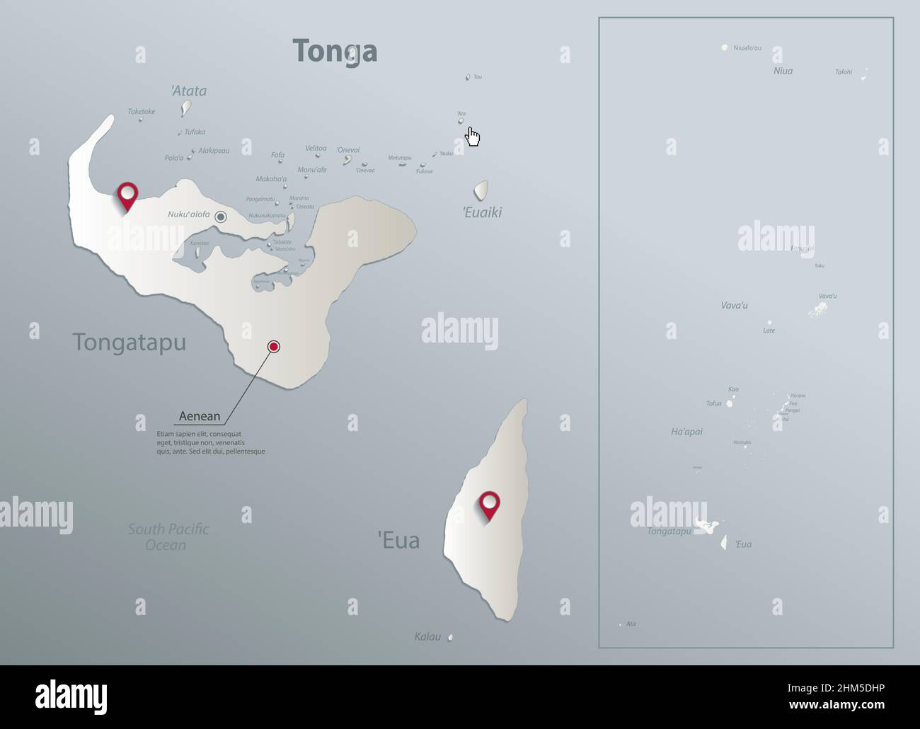 Tonga map, islands with names, blue white card paper 3D vector Stock ...