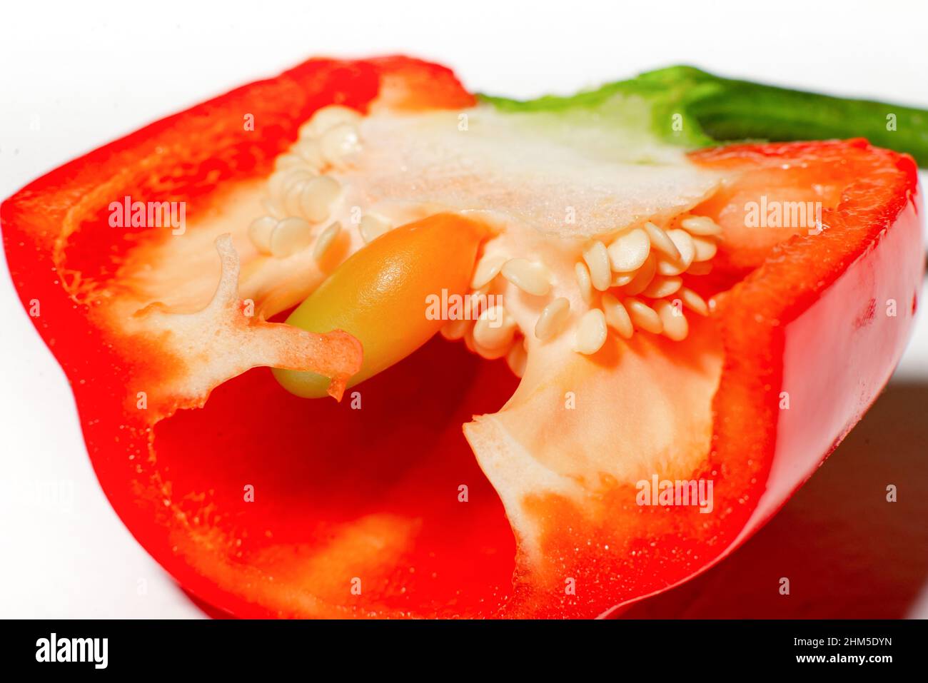 Red sweet pepper super macro. View inside. Bell pepper seeds close-up ...