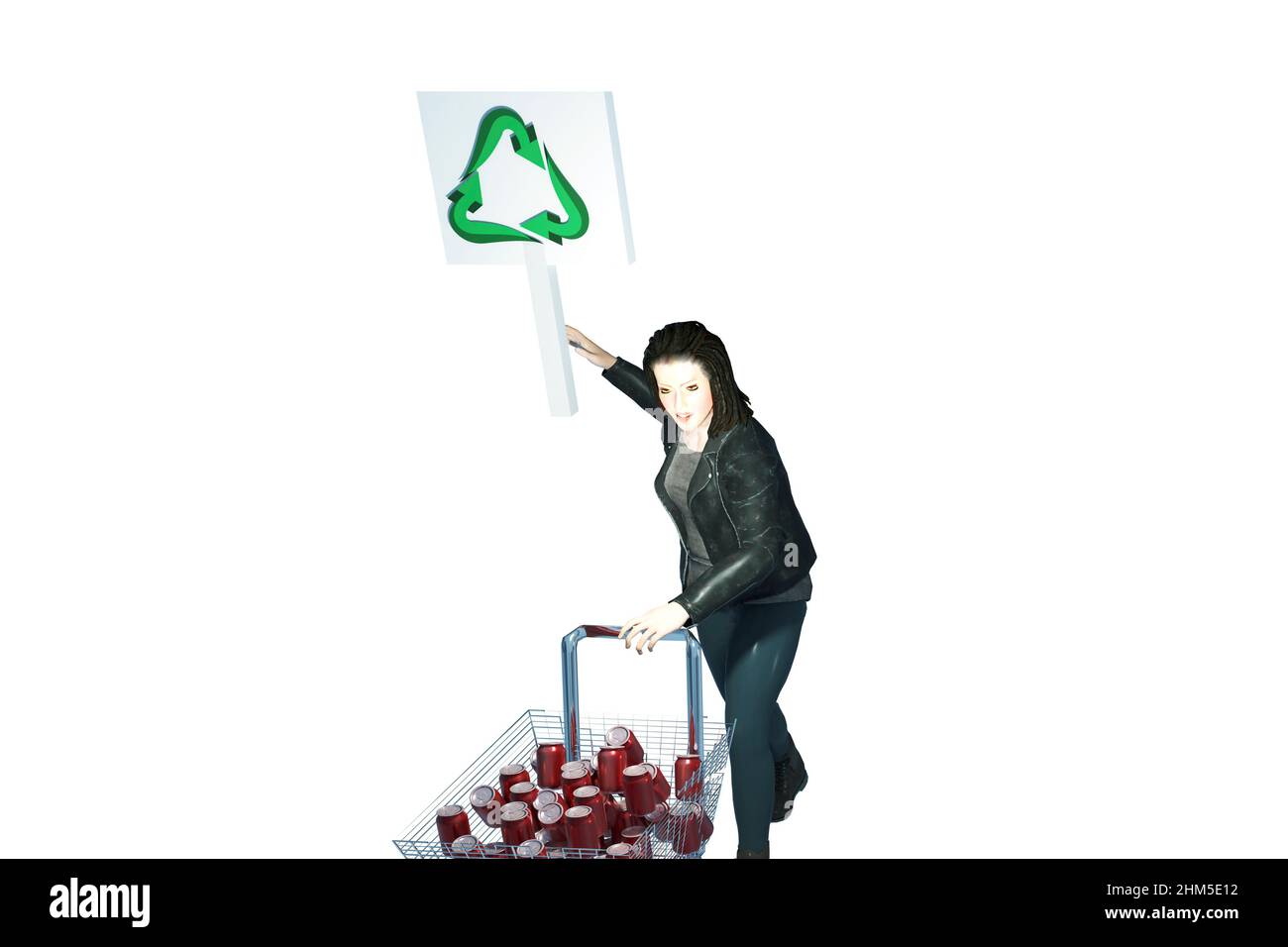 Sign with recycling symbol in one hand and pushing the supermarket cart ...