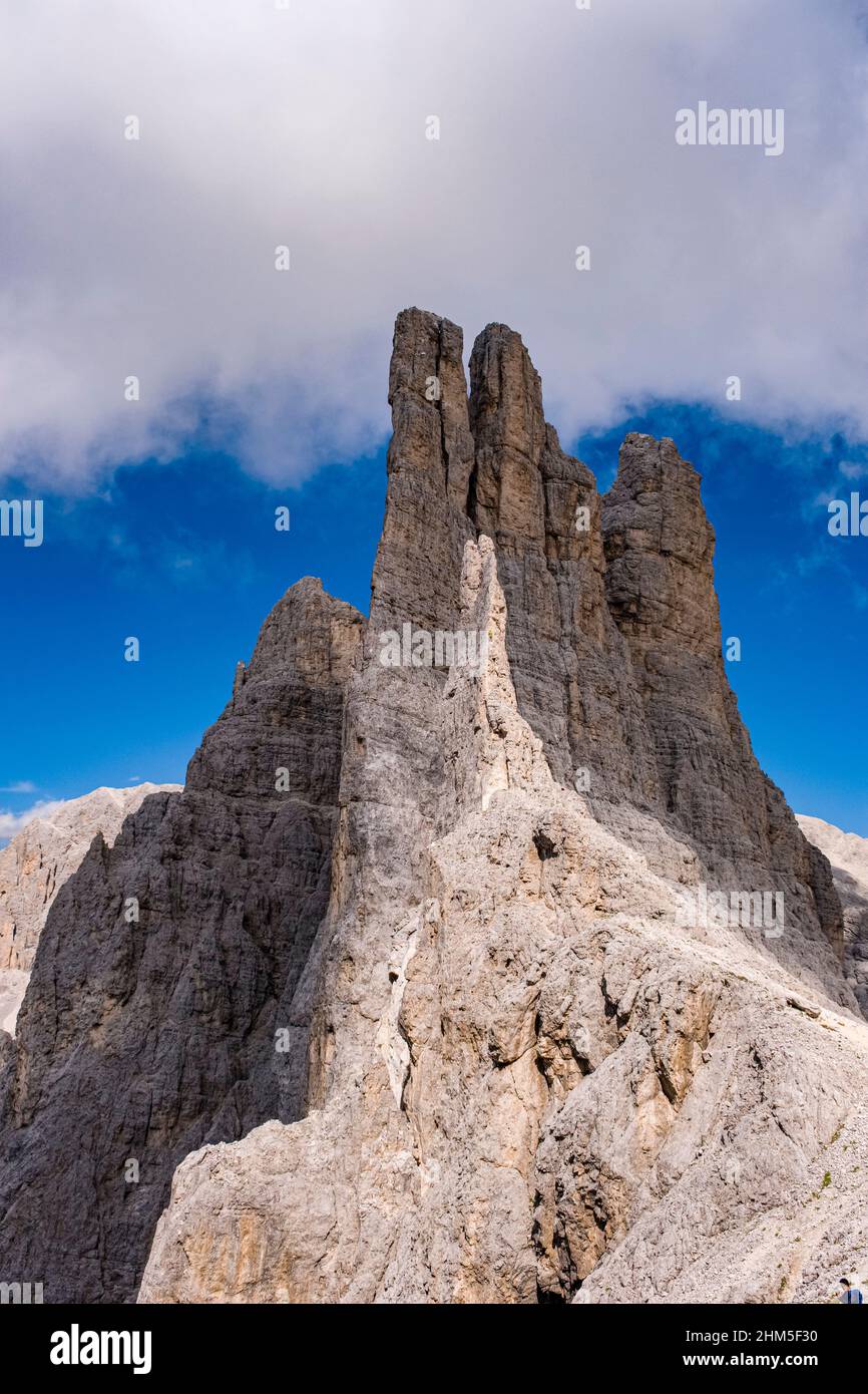 Summits and rock faces of Torri di Vajolet of Rosengarten group, seen ...