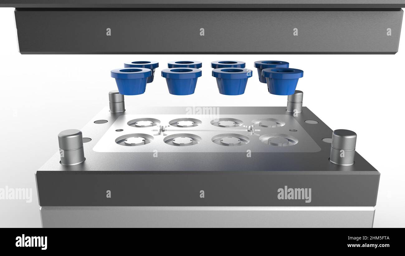 3D render of plastic moulding machine. Plastic injection moulding.Cups ...