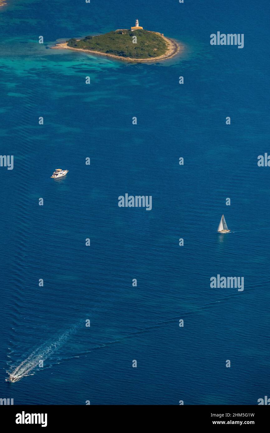 Aerial view, Alcanada Lighthouse island, in turquoise green water ...