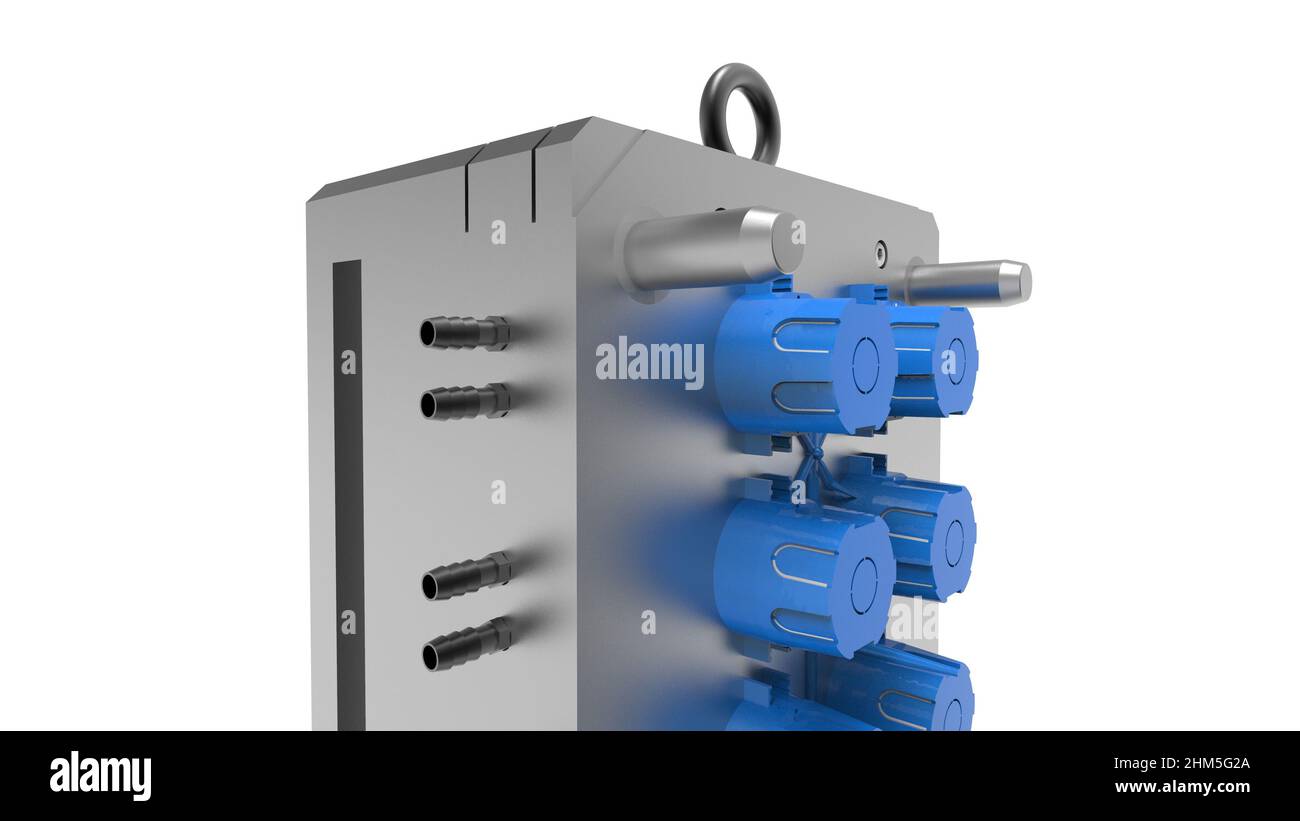 3D render of plastic moulding machine. Plastic injection moulding.Cups ...