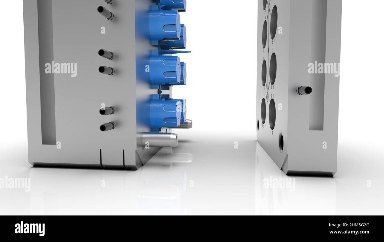 3D render of plastic moulding machine. Plastic injection moulding.Cups ...