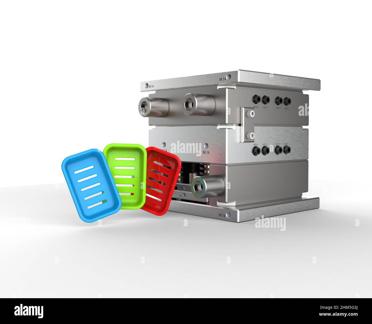 3D render of plastic moulding machine. Plastic injection moulding.Cups ...