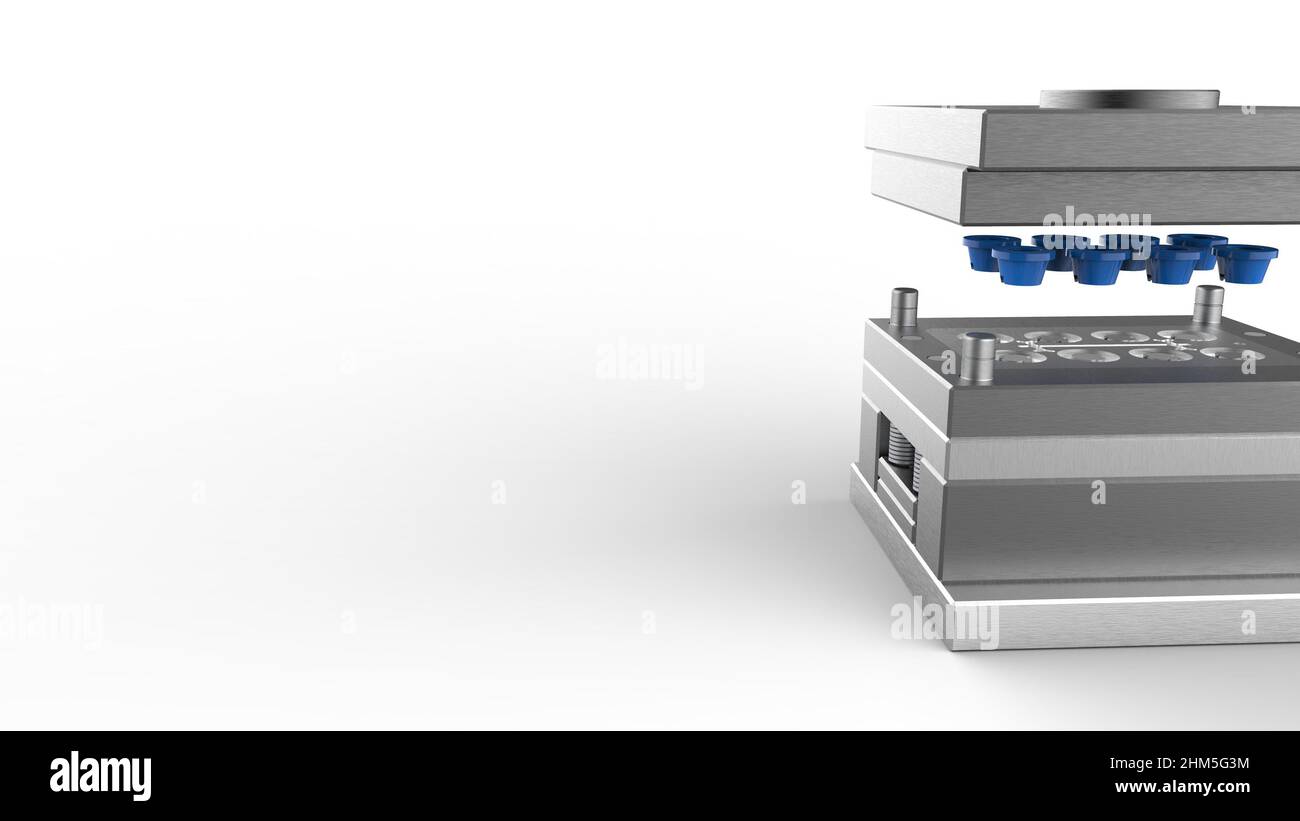 3D render of plastic moulding machine. Plastic injection moulding.Cups ...