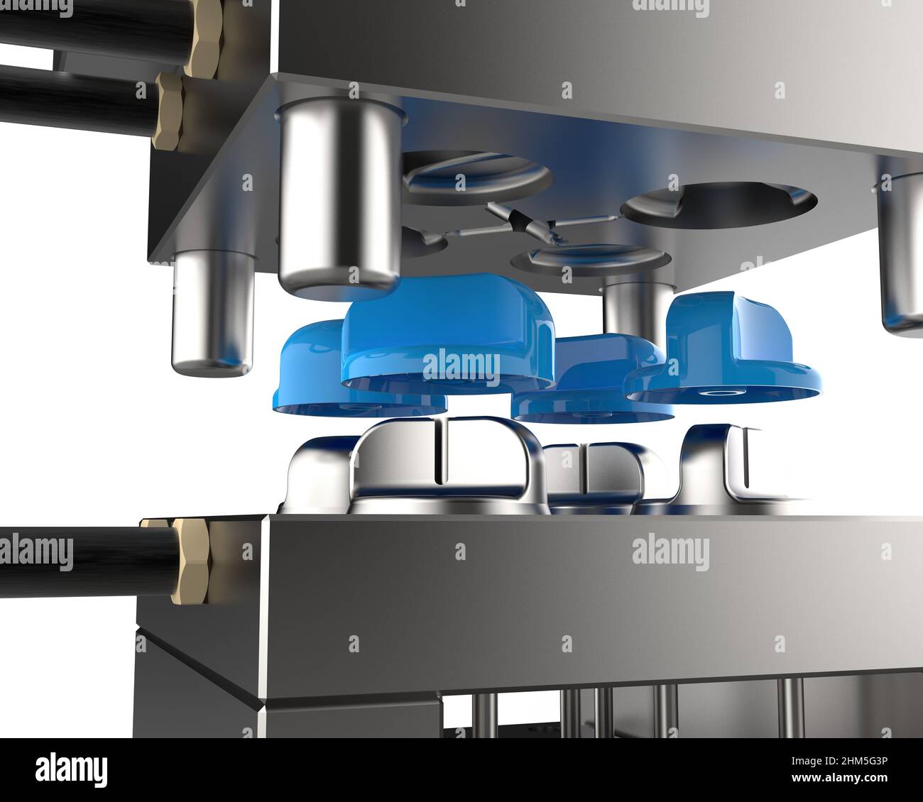 3D render of plastic moulding machine. Plastic injection moulding.Cups ...