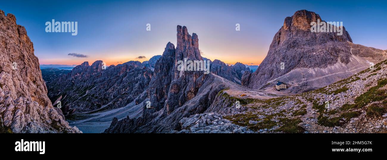 Panoramic aerial view of the mountain hut Rifugio Re Alberto I, summits ...