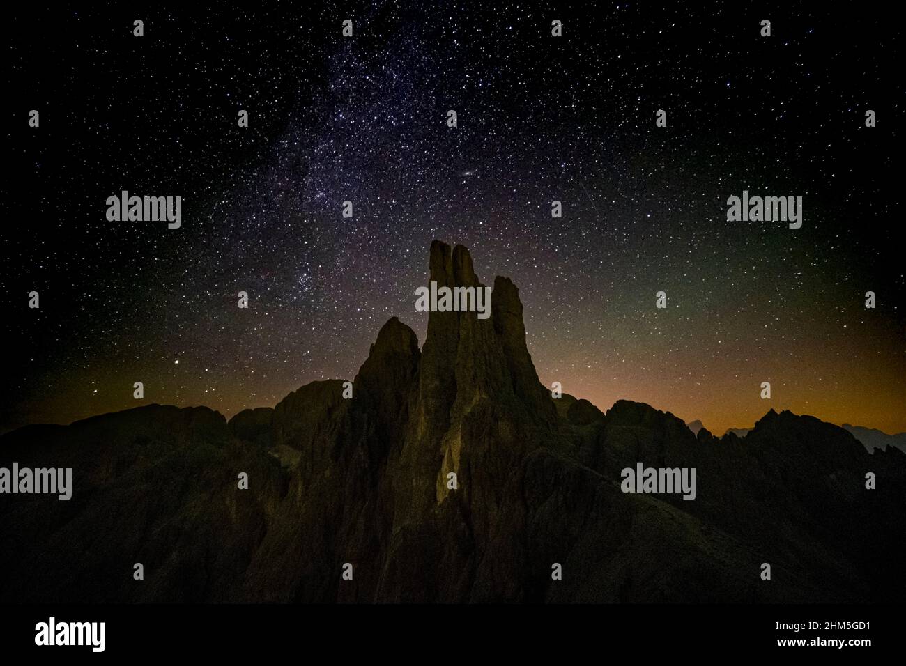 Milky way and stars above the Torri di Vajolet of Rosengarten group ...
