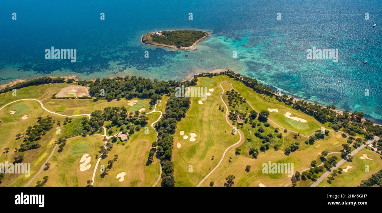 Aerial view, Club de Golf Alcanada, Alcanada Lighthouse island, in ...