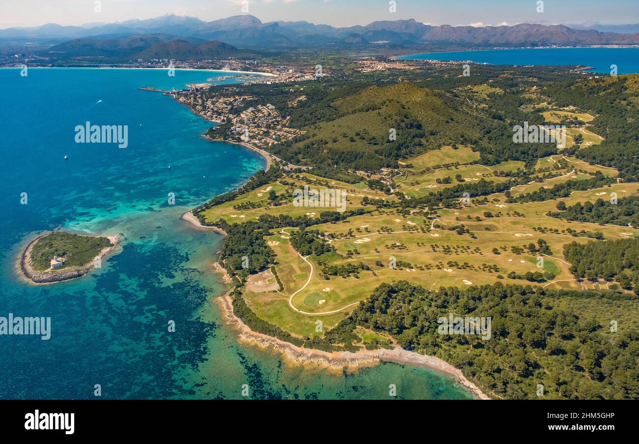 Aerial view, Club de Golf Alcanada, Alcanada Lighthouse island, in ...