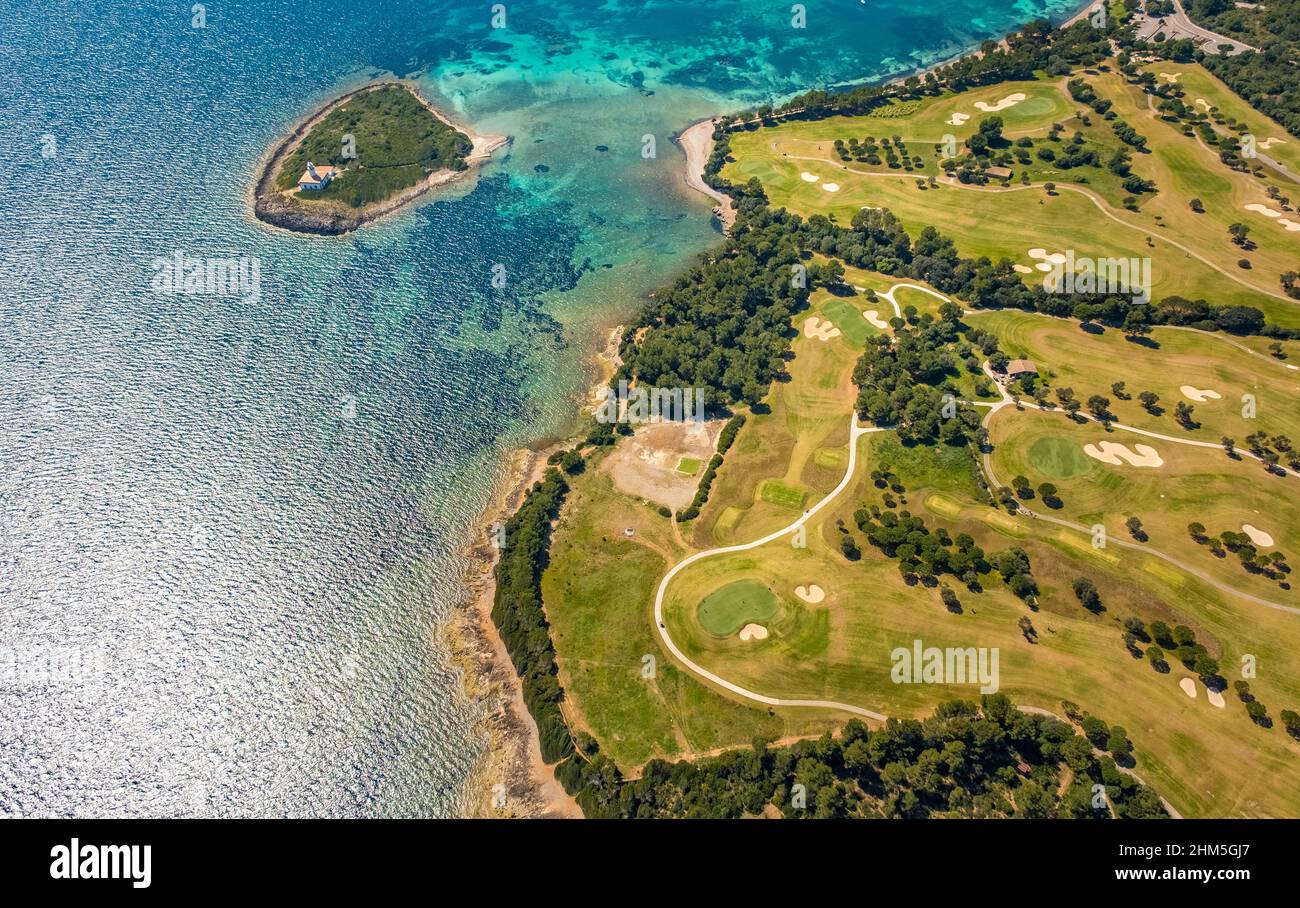 Aerial view, Club de Golf Alcanada, Alcanada Lighthouse island, in ...