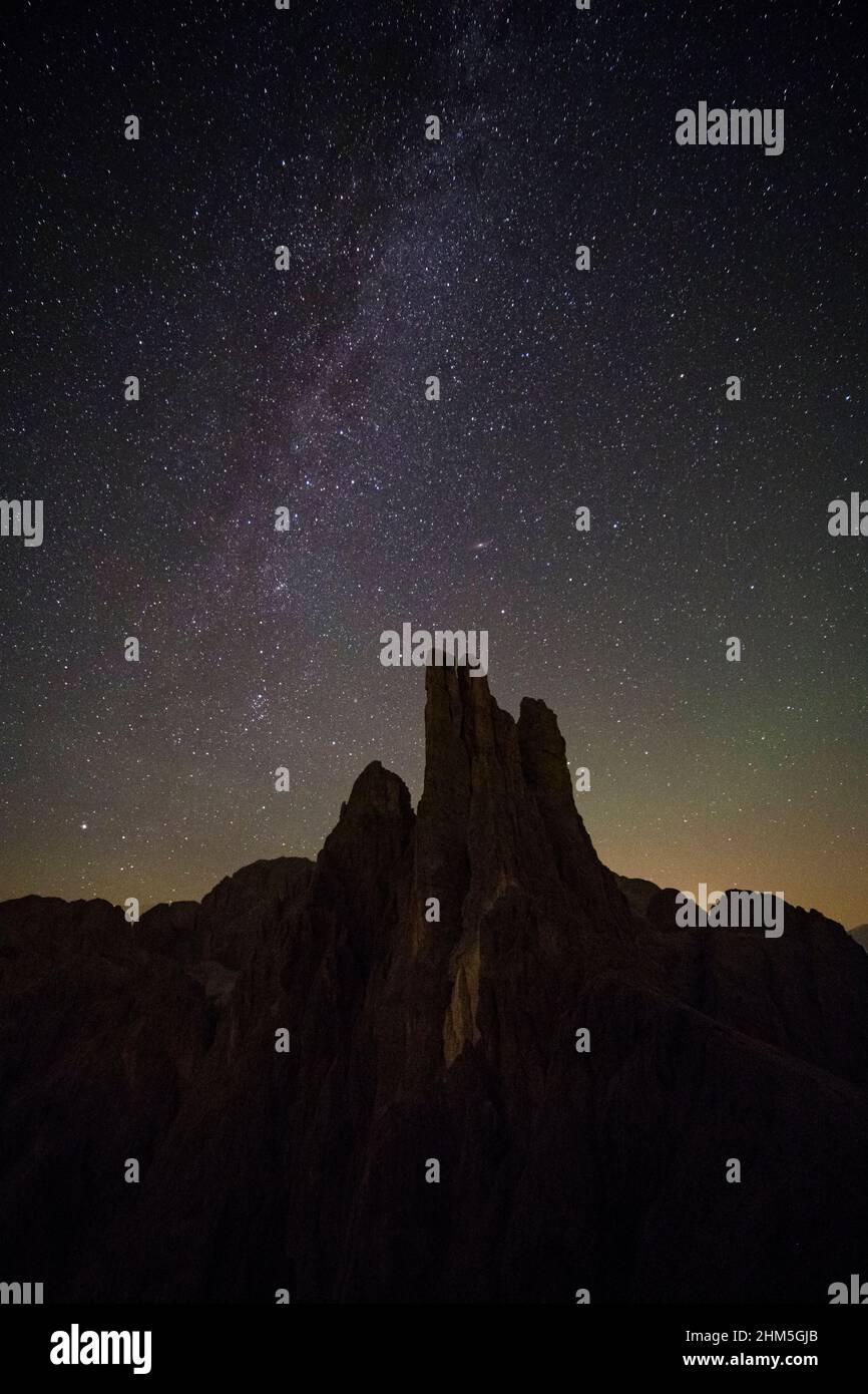 Milky way and stars above the Torri di Vajolet of Rosengarten group ...
