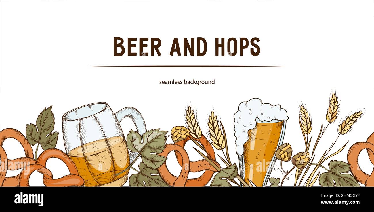 Beer seamless background or repeatable frame part, engraved hand drawn ...