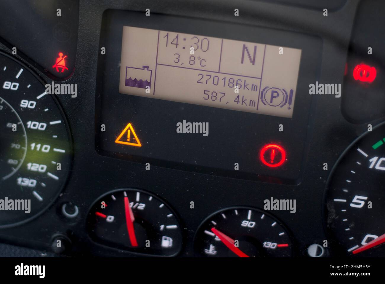 Truck dashboard with low coolant warning. Overheating hazard Stock ...