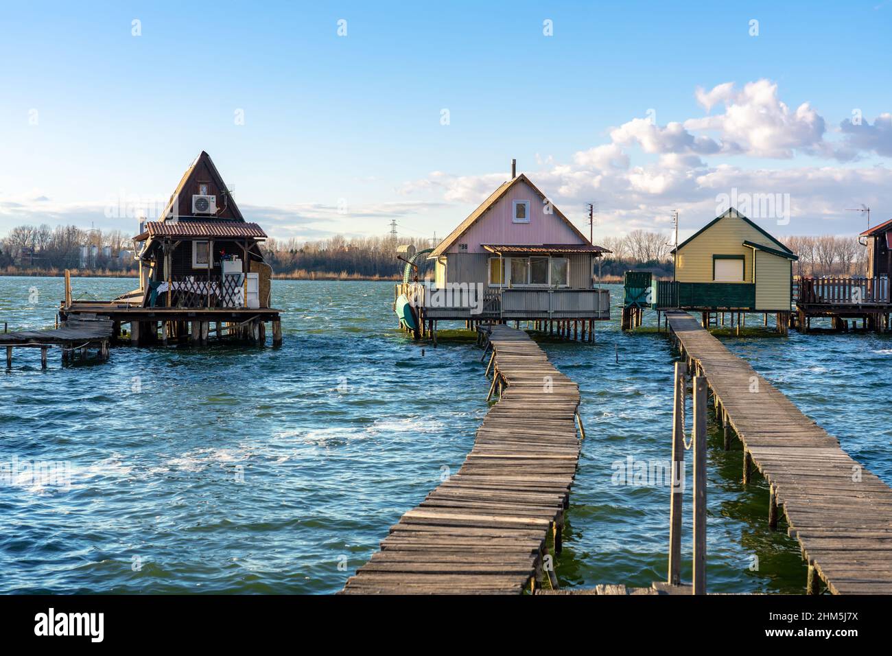 floating village bungalows in Bokod Hungary wit wooden pier Stock Photo ...