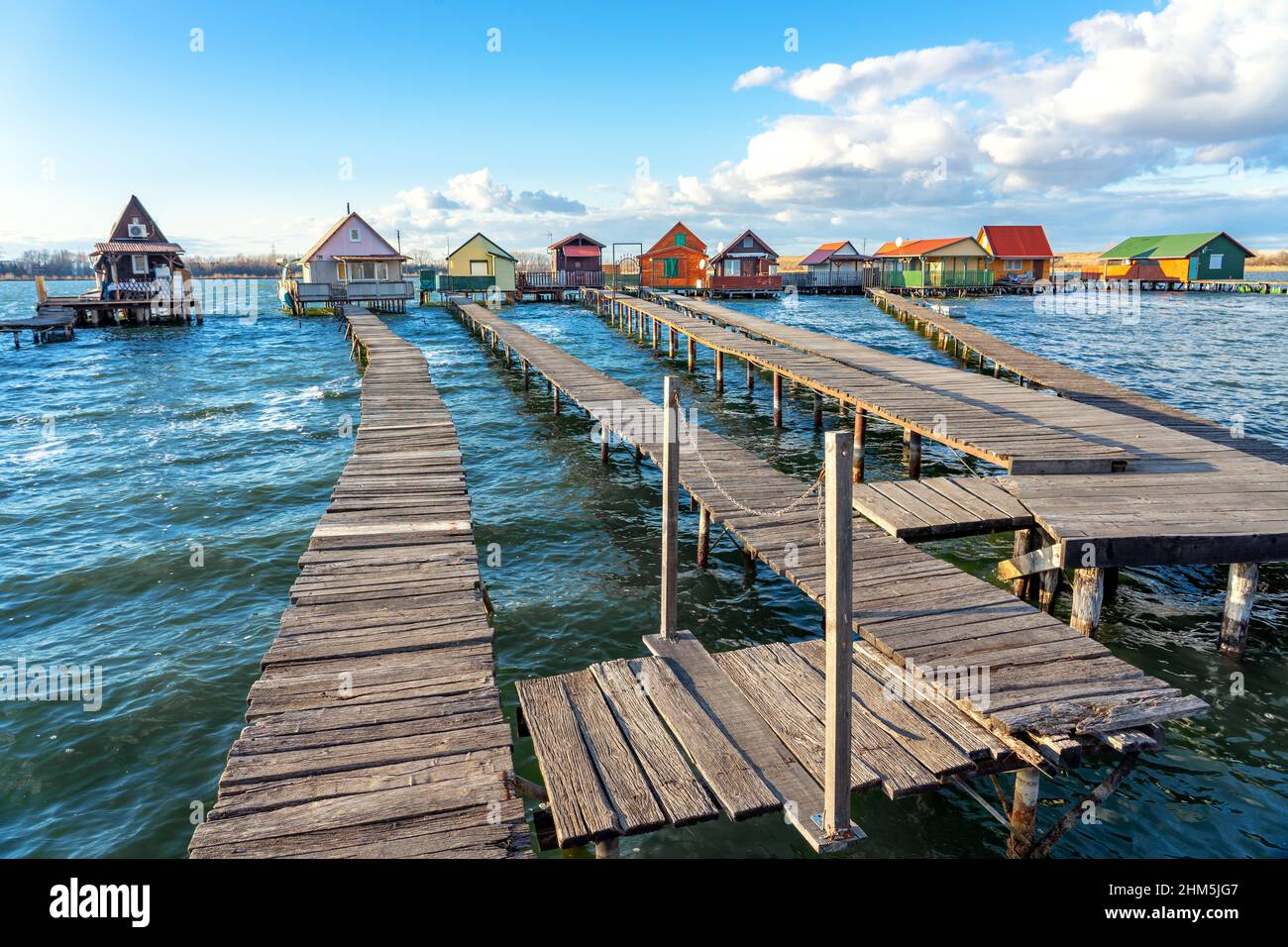 floating village bungalows in Bokod Hungary wit wooden pier Stock Photo ...
