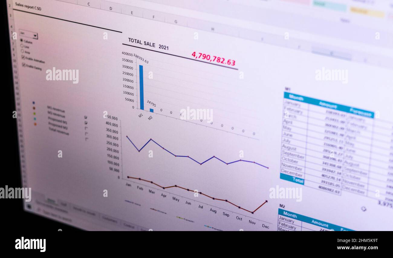 Shot of an excel sheet on computer screen showing sales report with ...