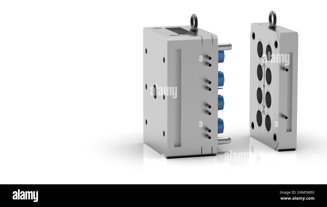 3D render of plastic moulding machine. Plastic injection moulding.Cups ...